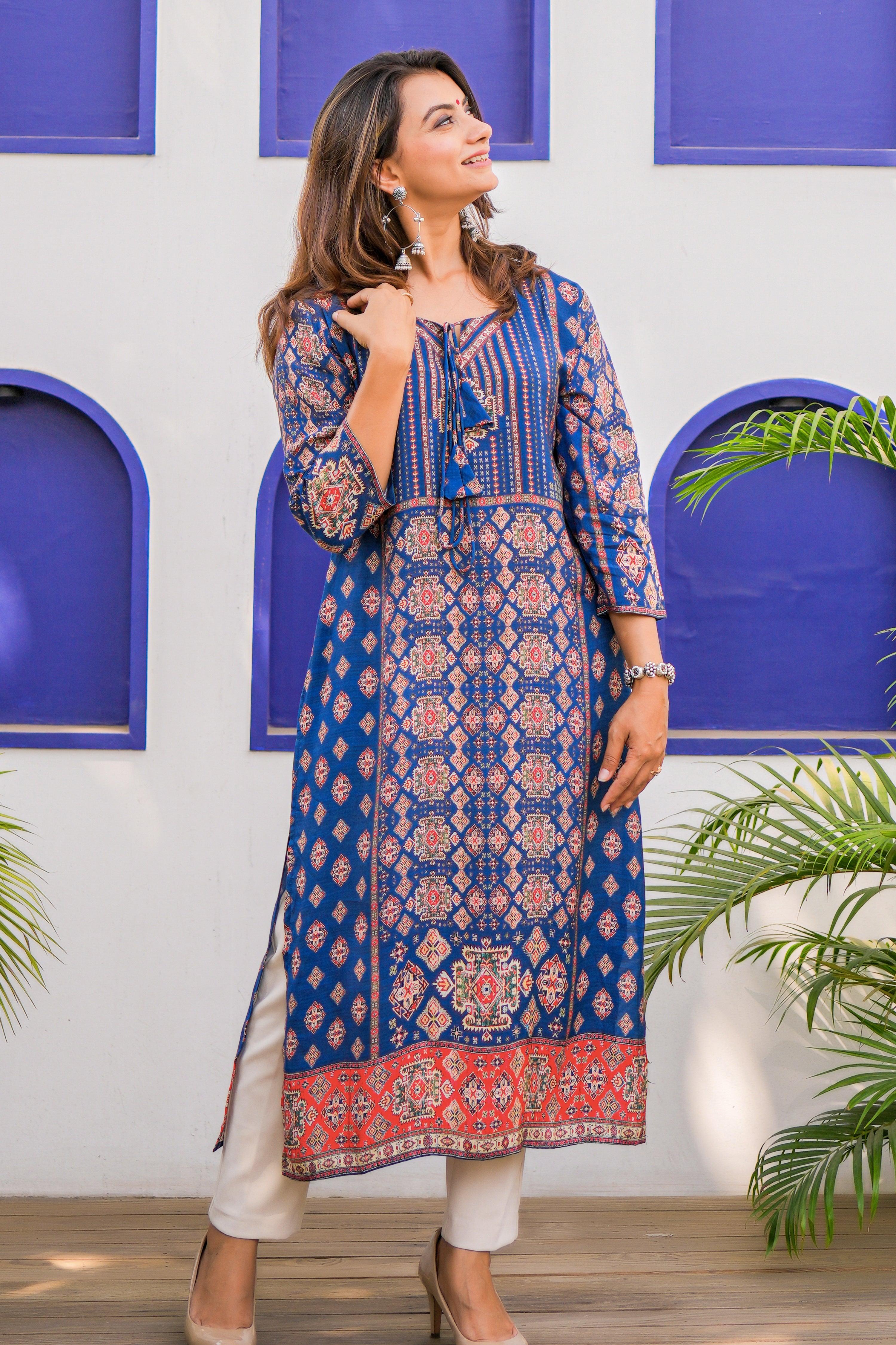 Blue and White Pocket Kurta